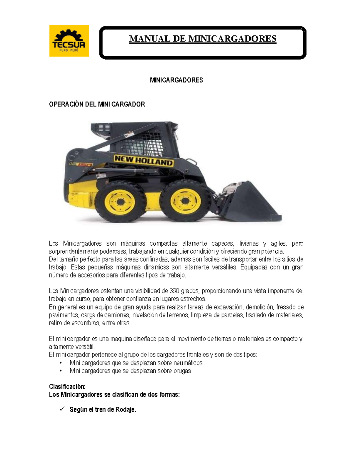 Manual DE Minicargadro Tecsup - MANUAL DE MINICARGADORES MINICARGADORES OPERACI”N DEL MINI ...