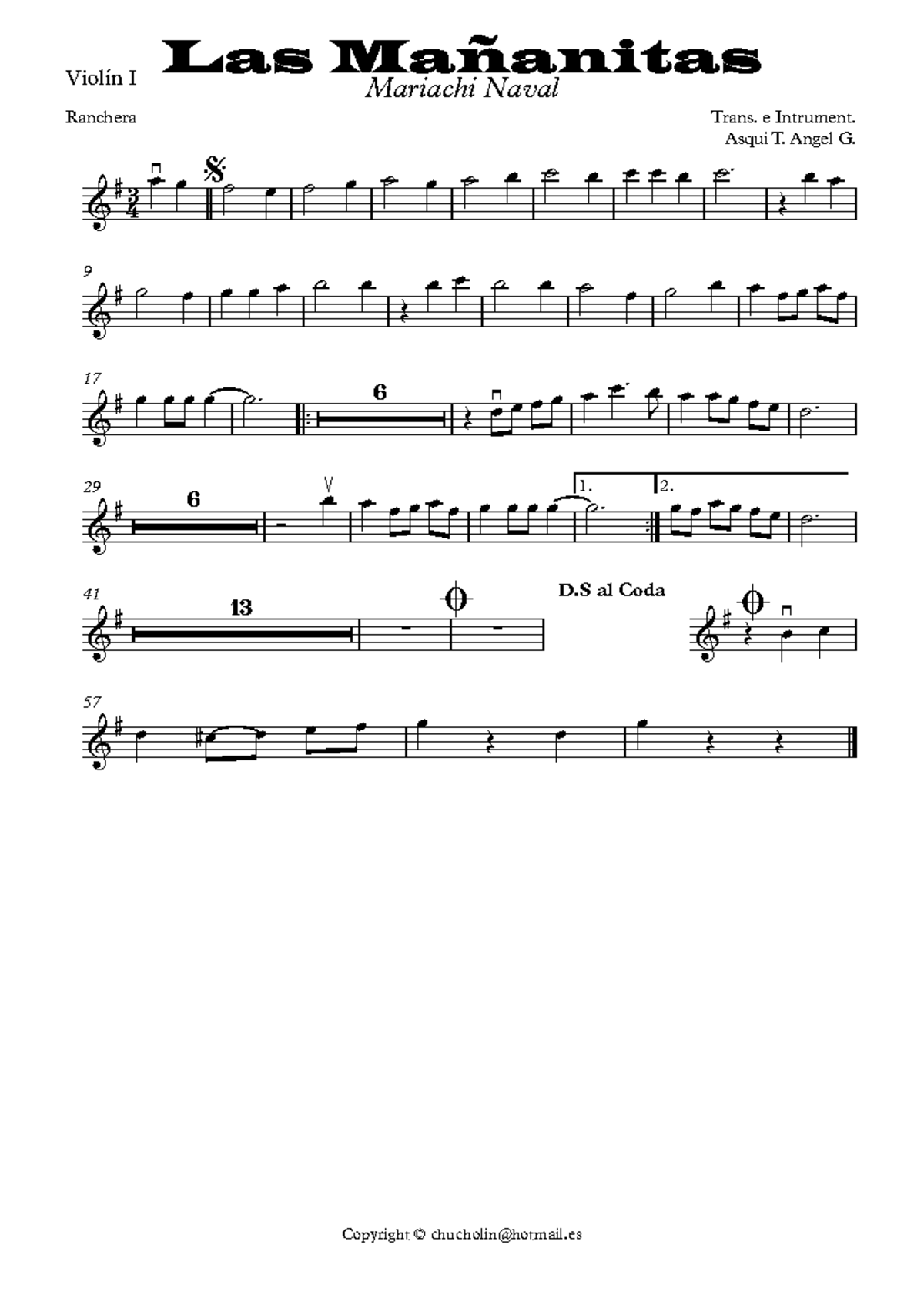 LAS Mañanitas Completa - Violín I 9 ™ ™ 17 ™ ™ 29 1. 2. 41 D al Coda 57 ...