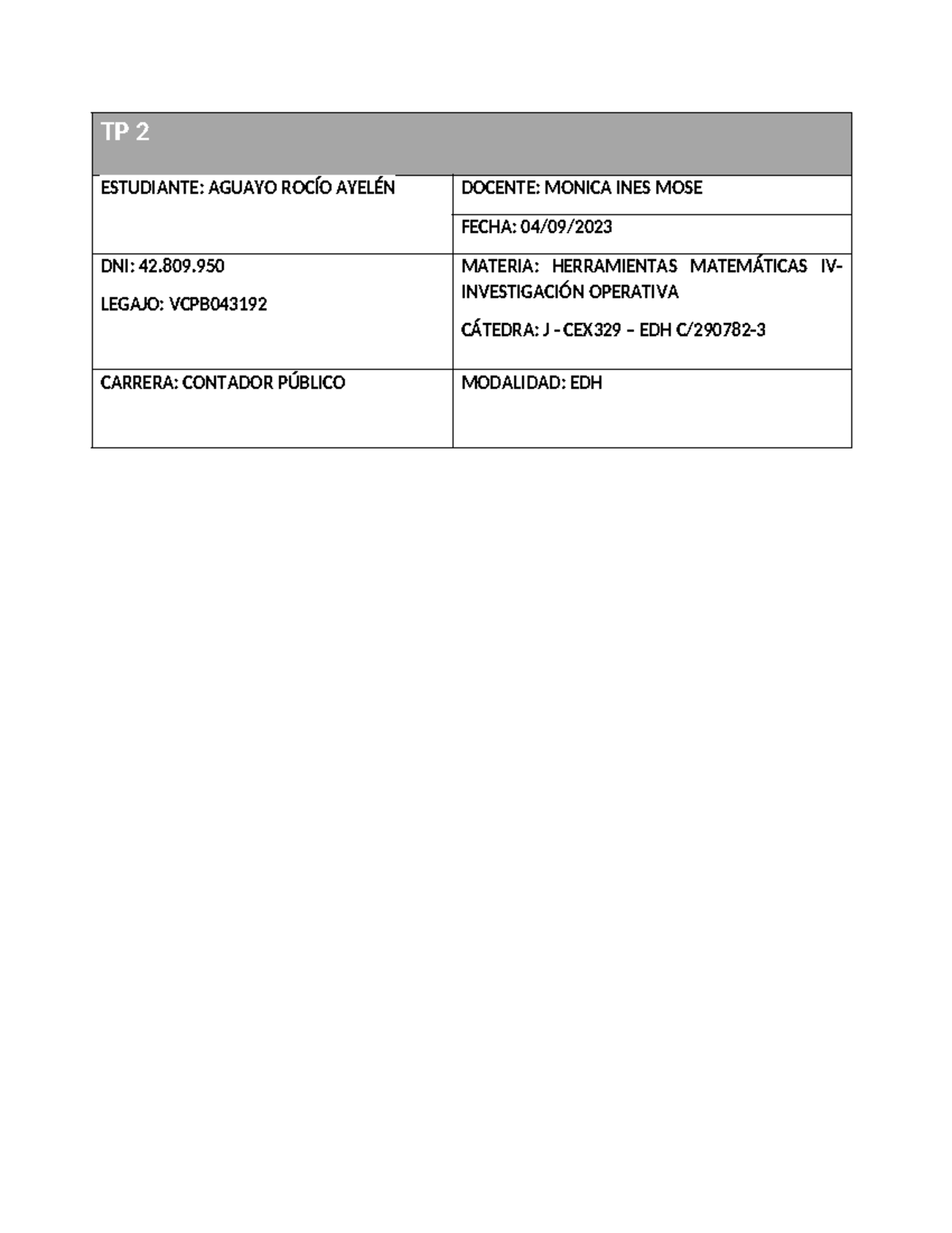 Trabajo práctico 2 investigación operativa - TP 2 ESTUDIANTE: AGUAYO ...