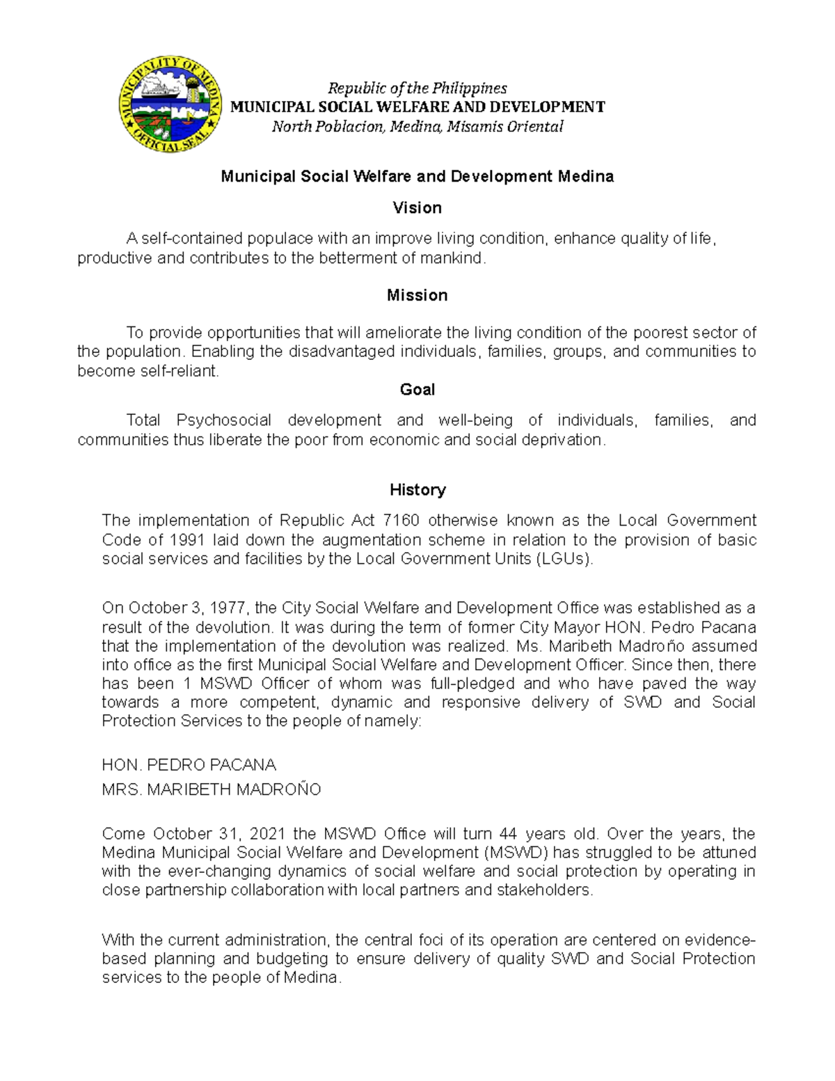 Agency Profile - Social Work - Republic of the Philippines MUNICIPAL ...