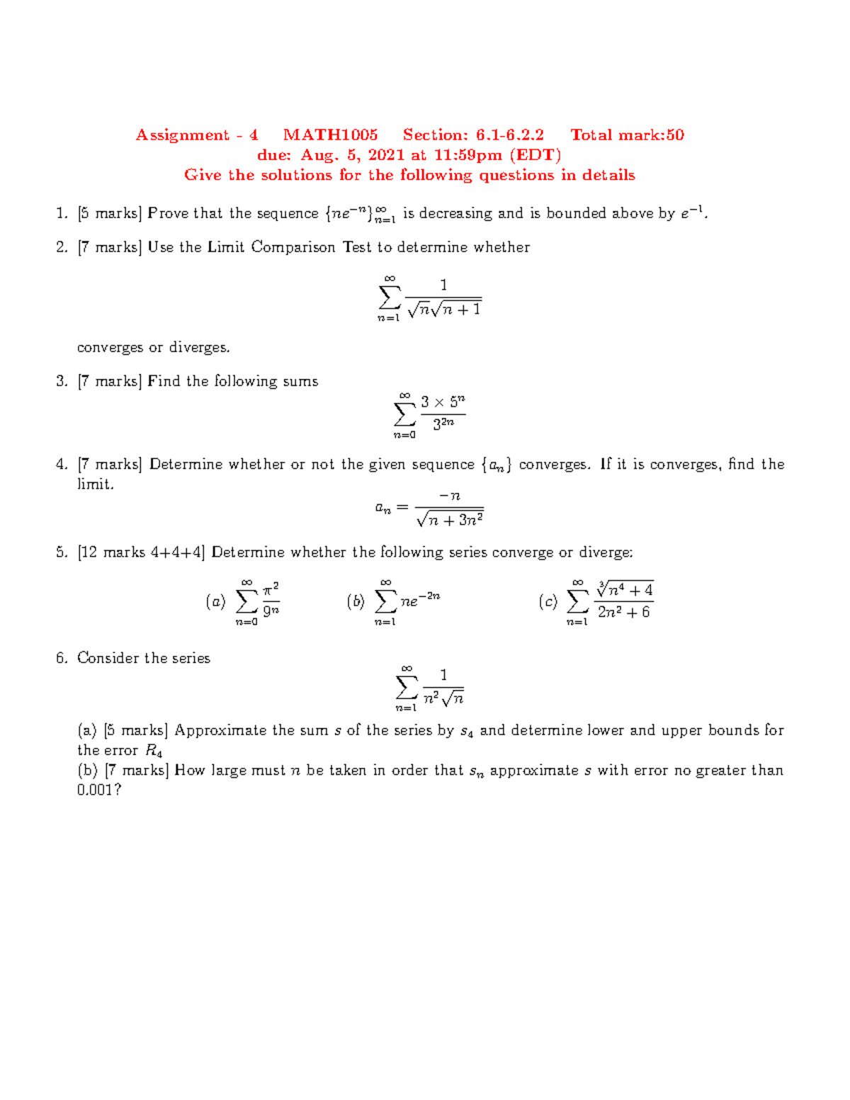 Assignment 4-1005-S21 - Assignment - 4 MATH1005 Section: 6.1-6.2 Total mark: due: Aug. 5, 2021 ...