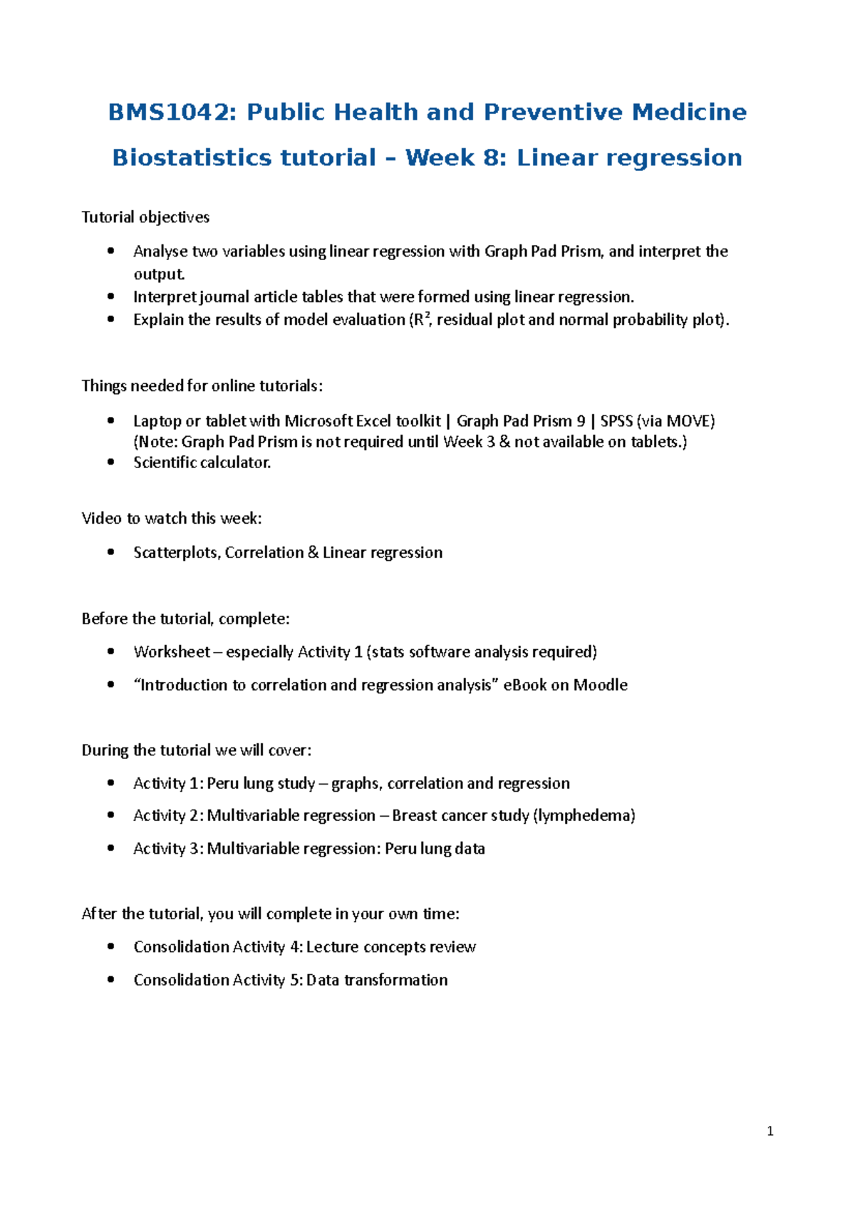 Biostats tutorial - Week 8 worksheet - BMS1042: Public Health and Preventive Medicine ...