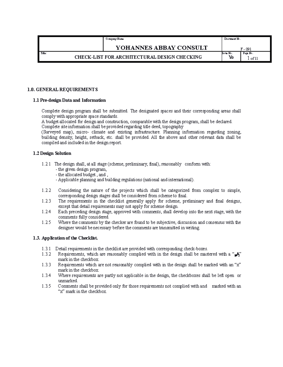 Architectural Check-List - YOHANNES ABBAY CONSULT F - 091 Title: CHECK ...