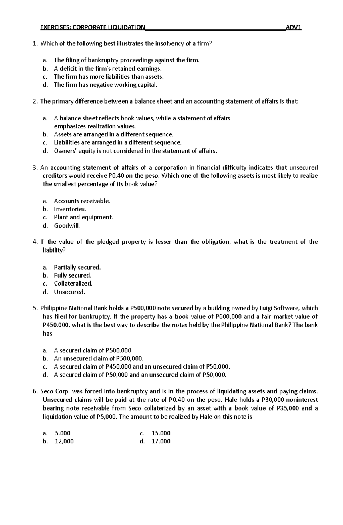 Exercises- Corporate Liquidation - EXERCISES: CORPORATE - Studocu