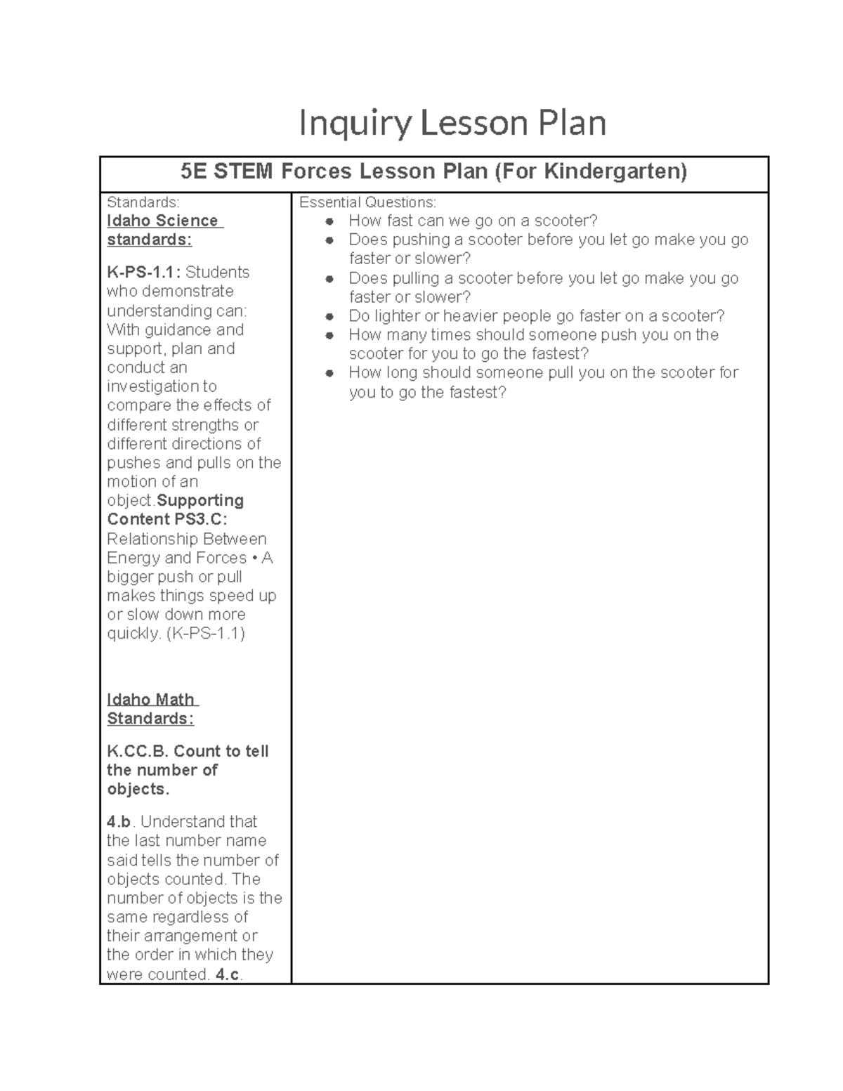 Individual Inquiry Lesson Plan - Inquiry Lesson Plan 5E STEM Forces ...