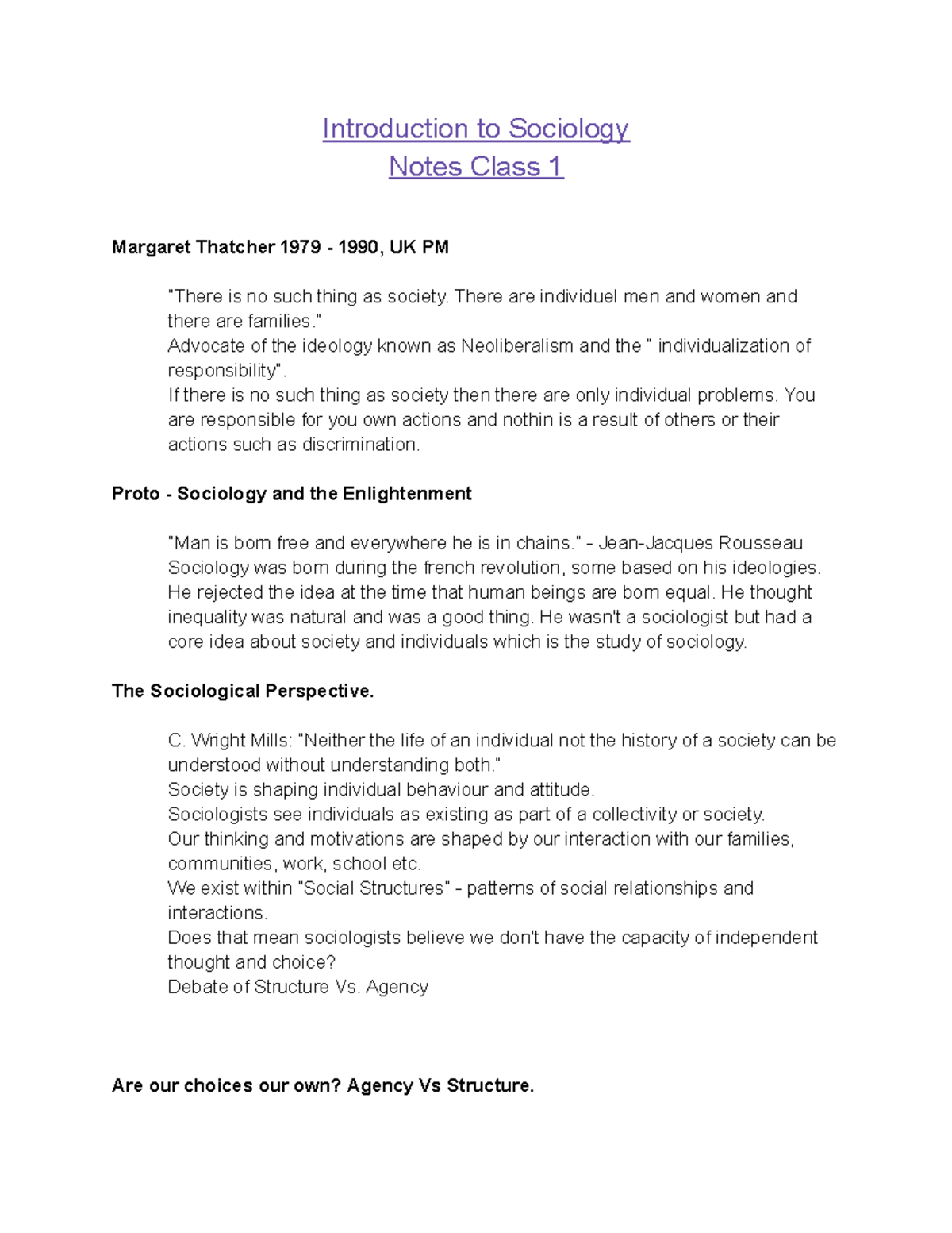 Notes Class 1 - Introduction to Sociology - Introduction to Sociology ...
