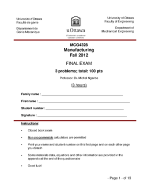 Final-exam Fall-2010 - Preparation - Université d’Ottawa Faculté de génie Département de Génie ...