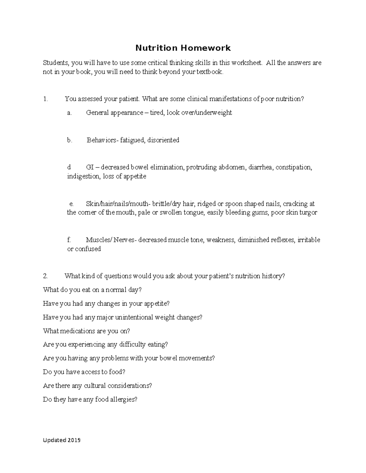 Nutrition Homework - Nutrition Homework Students, you will have to use ...