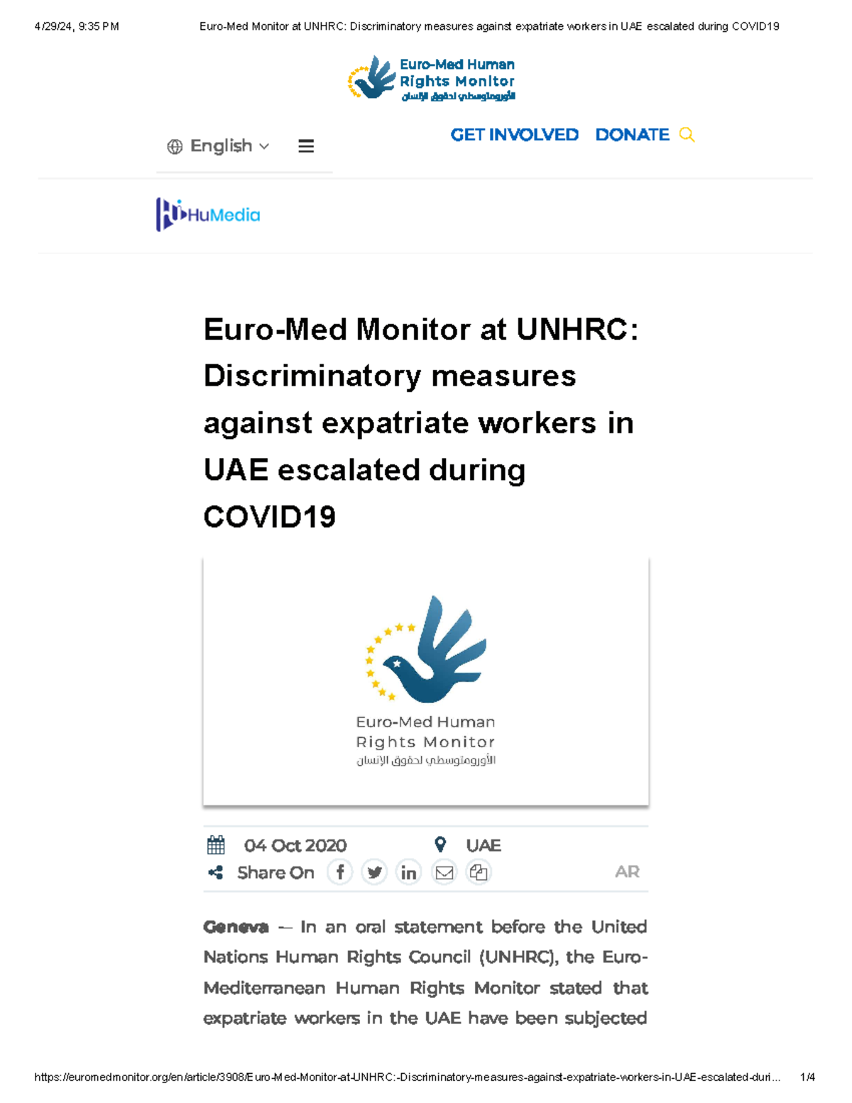 Euro-Med Monitor at Unhrc Discriminatory measures against expatriate ...