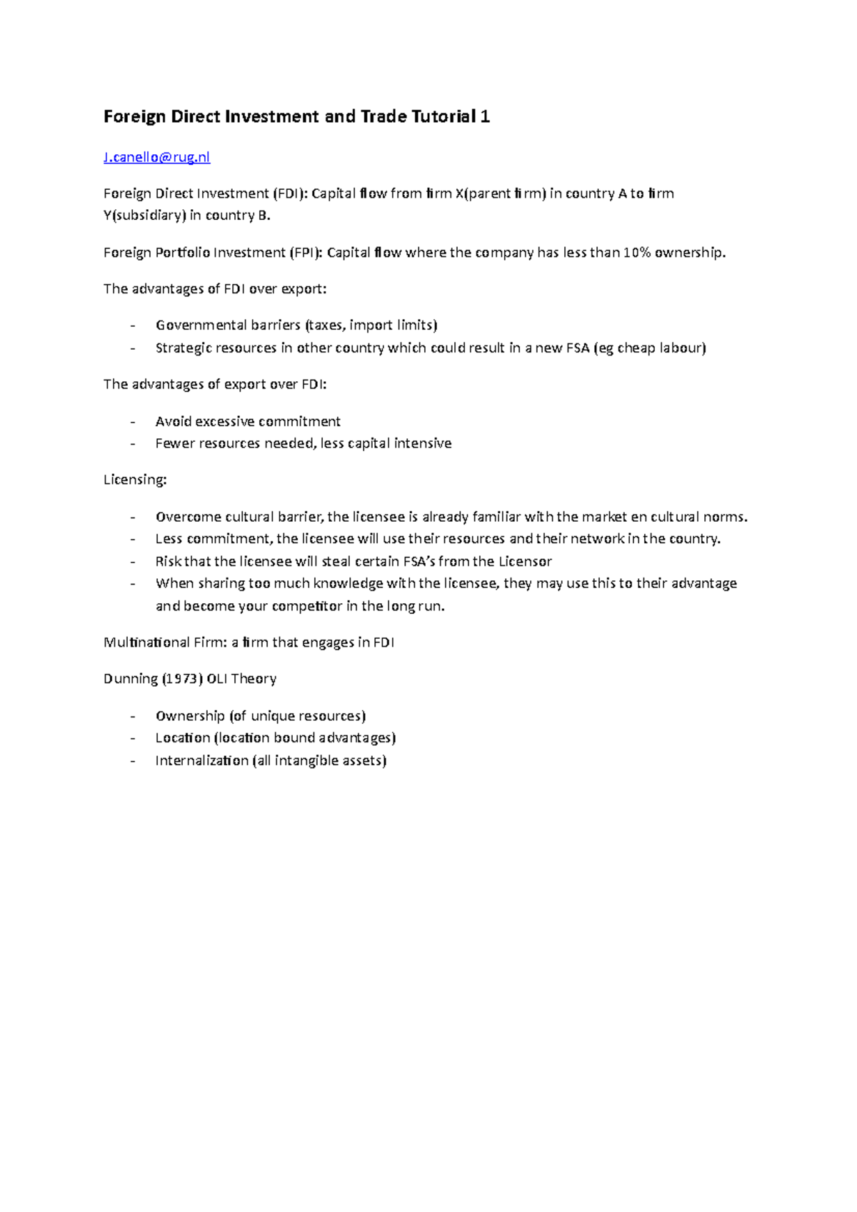 FDI&T Tutorial 1 tm 3 - Foreign Direct Investment and Trade Tutorial 1 ...