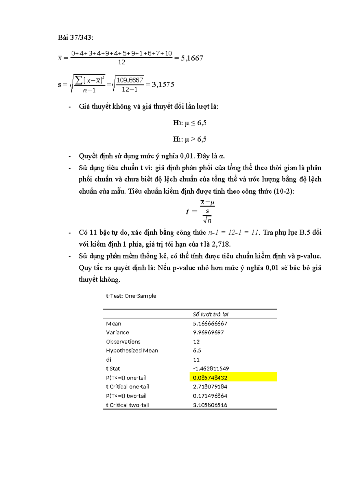 Bài 4 thống kê - bài tập nhóm - Bài 37/343: x = 0 + 4 + 3 + 4 + 9 + 4 + 5 + 9 + 1 + 6 + 7 + 10 ...