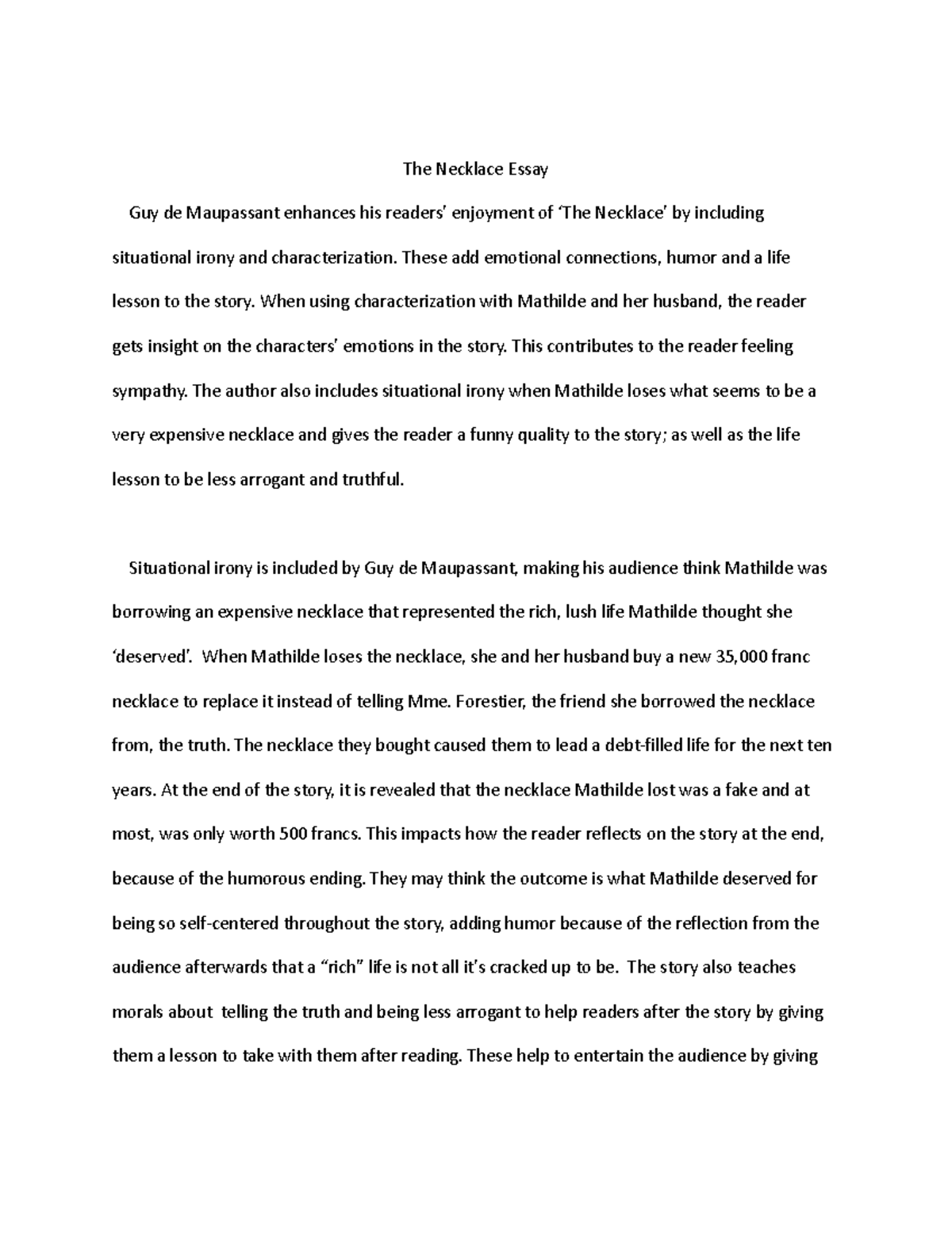The Necklace Short Essay - The Necklace Essay Guy de Maupassant ...