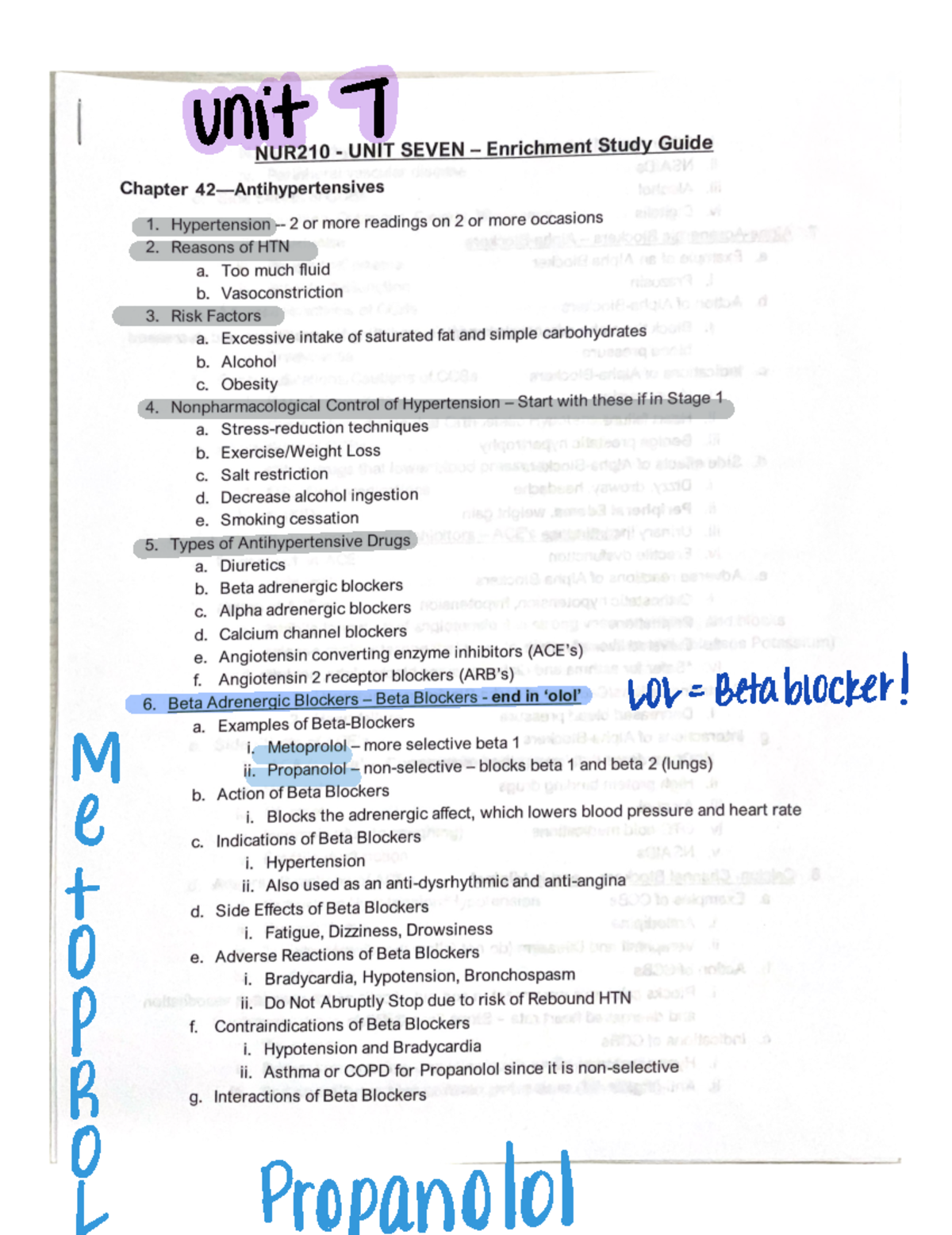 NUR210 - UNIT 7,8,9 Enrichment Study Guide - unit 7 LOL Betablocker M e ...