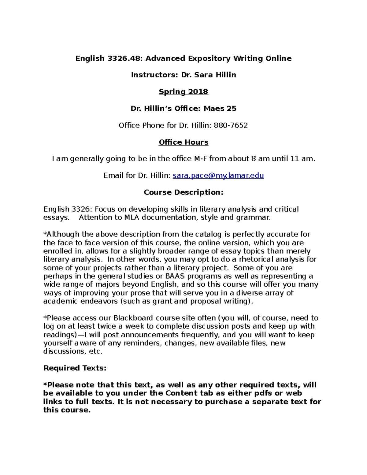 English 3326.48 Syllabus for Spring Semester 2019 - English 3326 ...