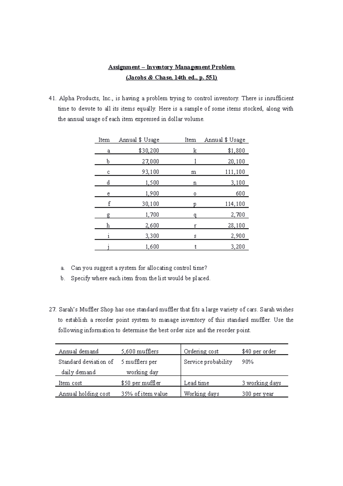 OM - Assignment 4 - Problem - Inventory - Assignment – Inventory Management Problem (Jacobs ...