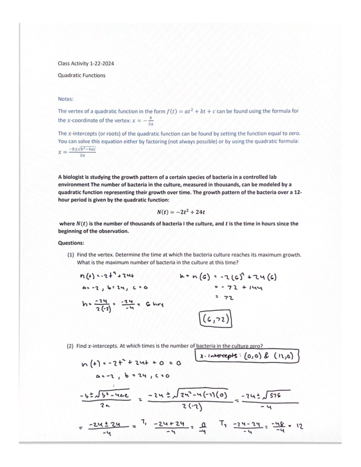 Class Activity 1 22 quadratic Fns - MATH 033 - Studocu
