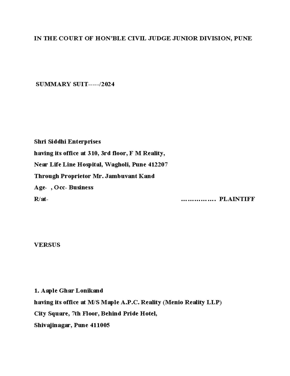 Copy of Plaint for recovery of money under order 37 Code of Civil ...