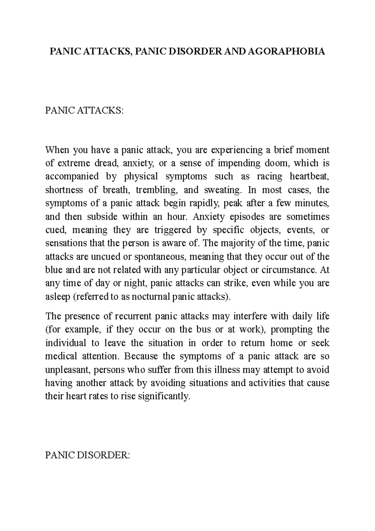 Panic Attacks, Panic Disorder AND Agoraphobia - PANIC ATTACKS, PANIC ...