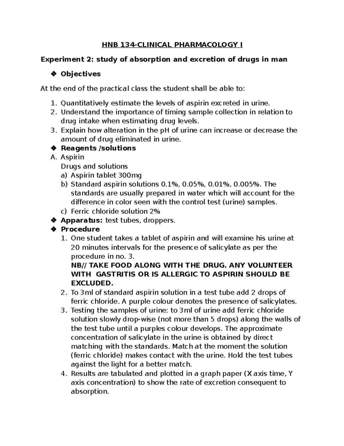 HNB 134 Experiment 2-study of absorption and excretion of drugs in man ...
