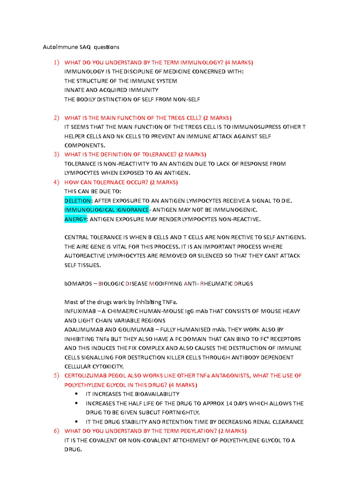 Saq for autoimmune - questions to aid your knowledge - Autoimmune SAQ ...