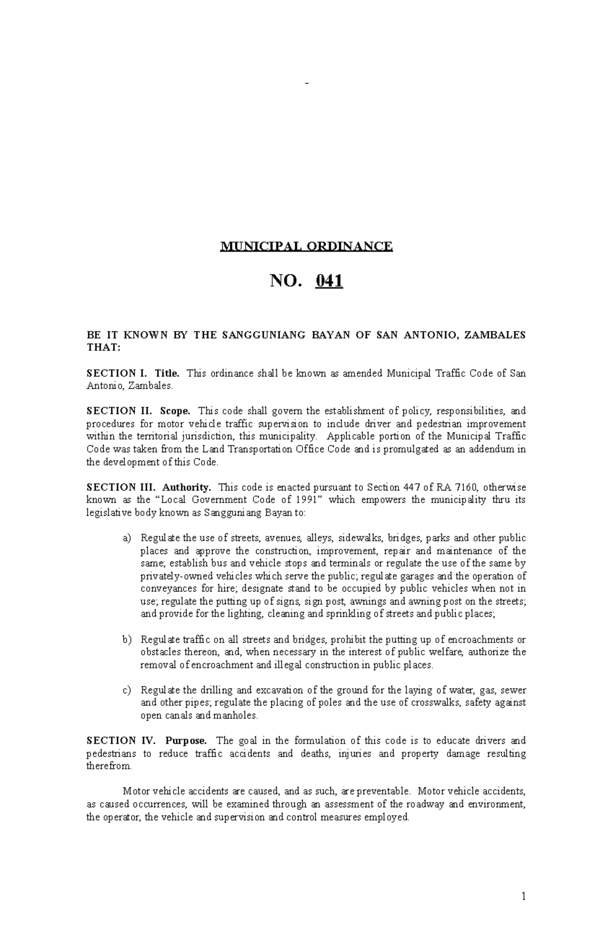 Municipal Traffic CODE(06-041) - MUNICIPAL ORDINANCE NO. 041 BE IT ...