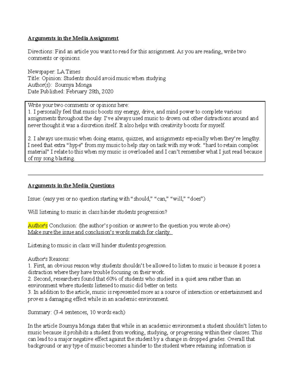 Arguments in the Media-2 - As you are reading, write two comments or ...