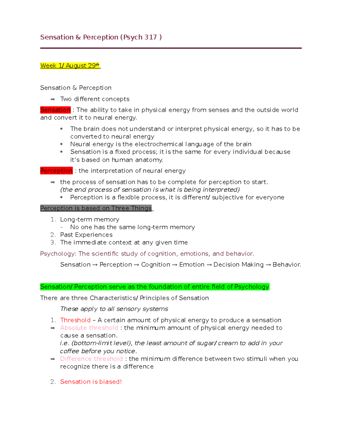 Sensation and Perception (notes) - Sensation & Perception (Psych 317 ...