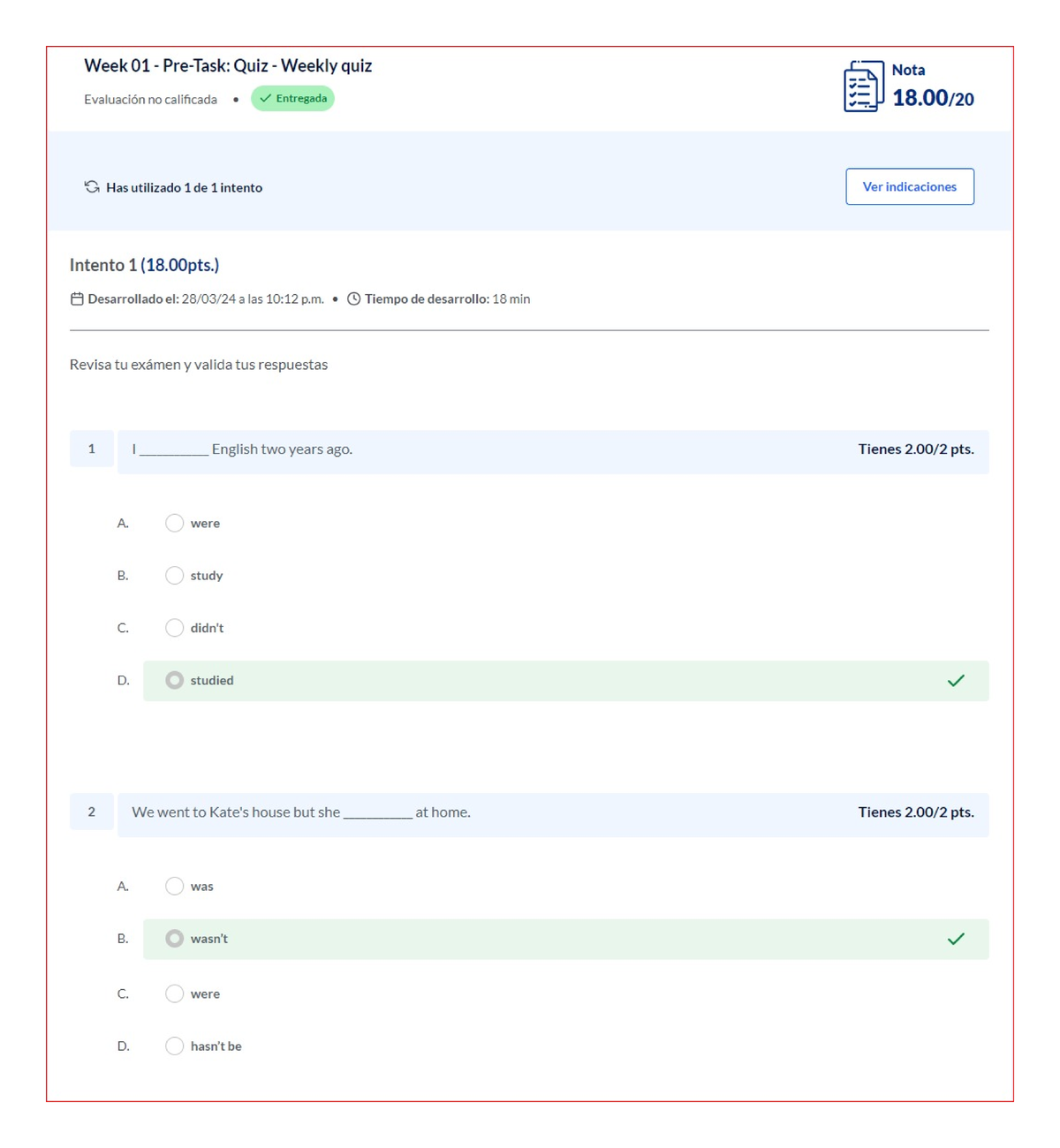 Quizz 1 - ingles IV - Studocu
