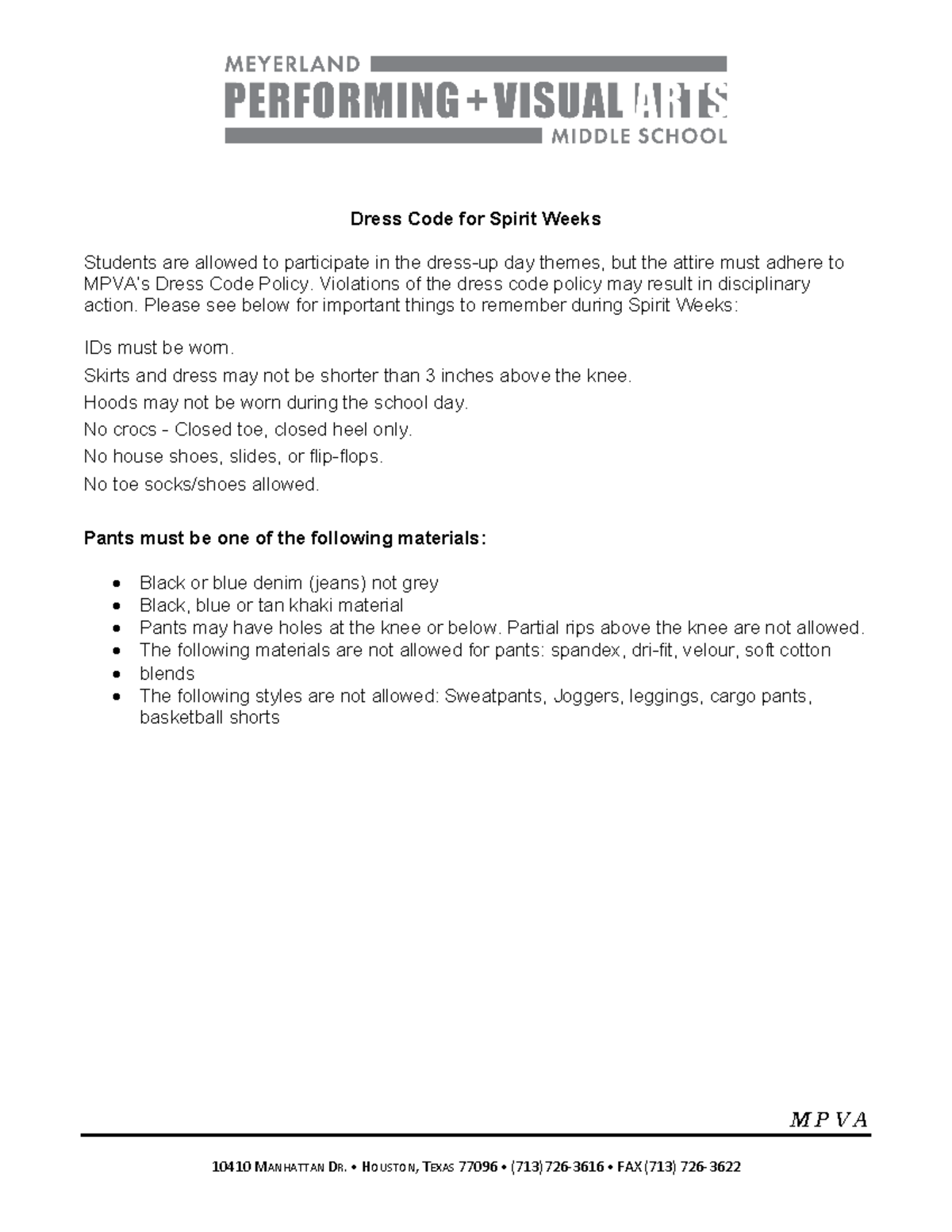Spirit Week Dress Code - M P V A 10410 M ANHATTAN D R. • HOUSTON, TEXAS ...