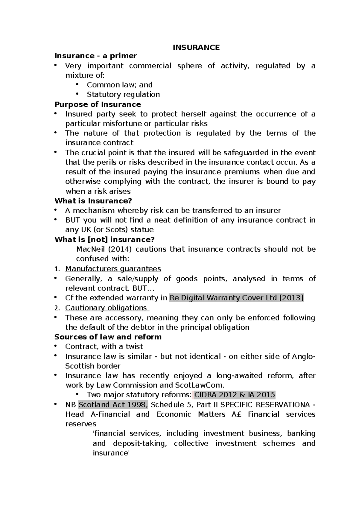 Insurance - notes - INSURANCE Insurance - a primer Very important ...