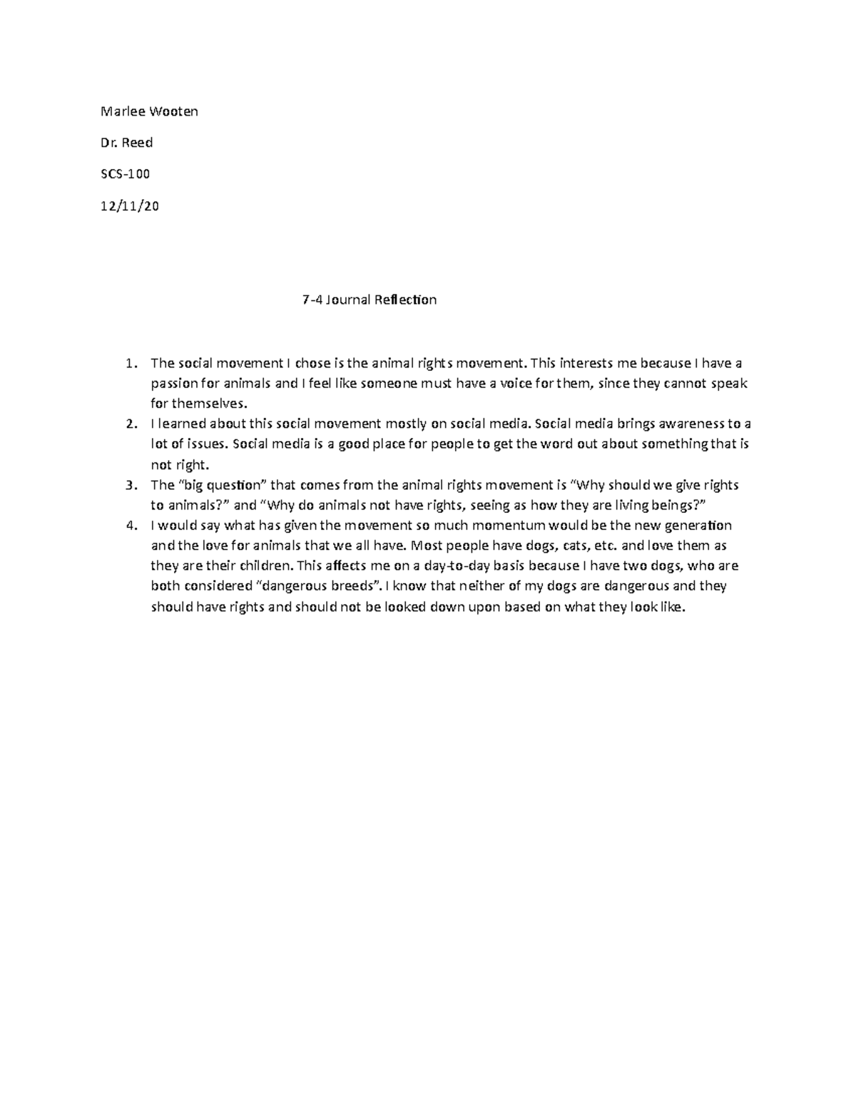 7-4 journal reflection - Marlee Wooten Dr. Reed SCS- 12/11/ 7-4 Journal ...