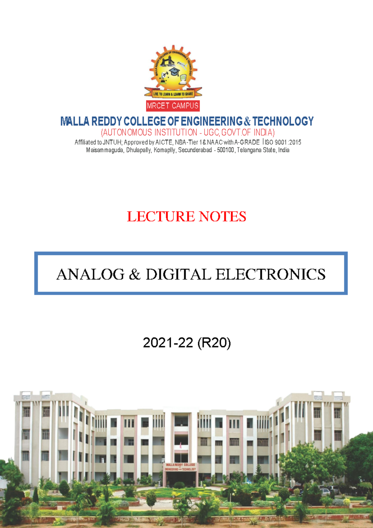 Analog AND Digital Electronics - MALLA REDDY COLLEGE OF ENGINEERING ...