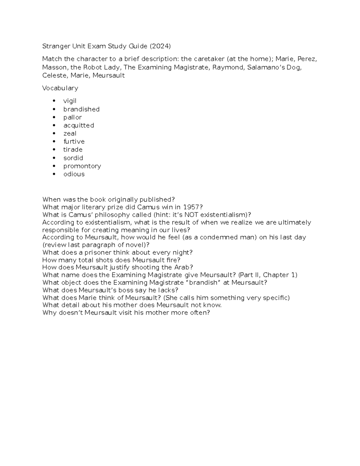 Stranger Unit Exam Study Guide 2024 - Why doesn’t Meursault visit his ...