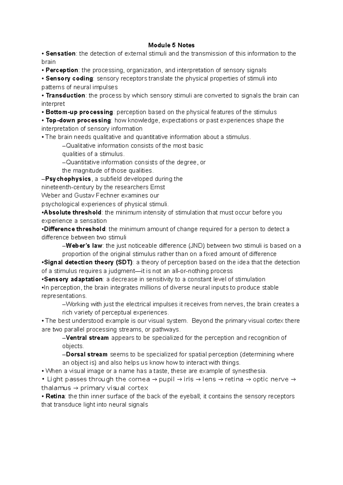Module 5 Notes - Module 5 Notes Sensation : the detection of external ...