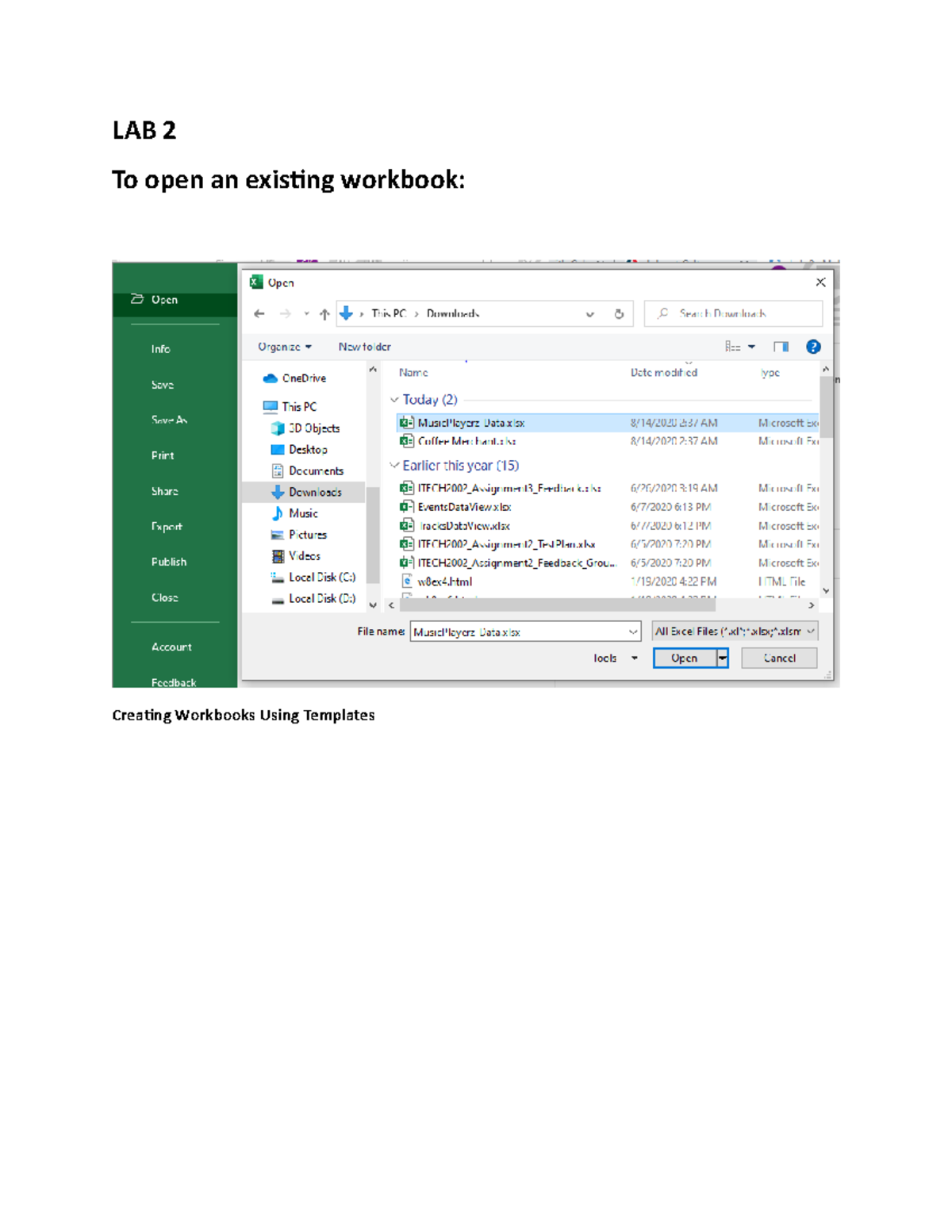 LAB 2 - itech2304 - LAB 2 To open an existing workbook: Creating ...