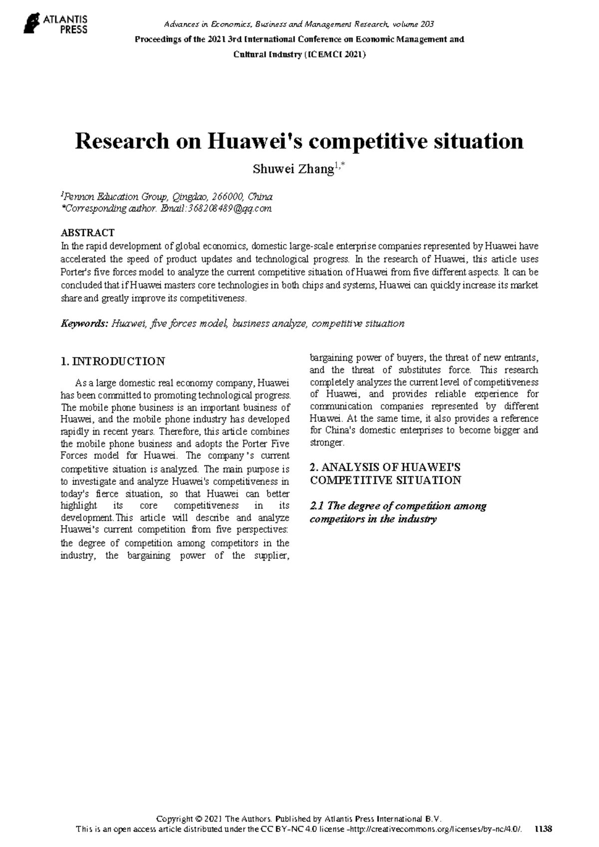 125966140 - Research on Huawei's competitive situation Shuwei Zhang 1 ...