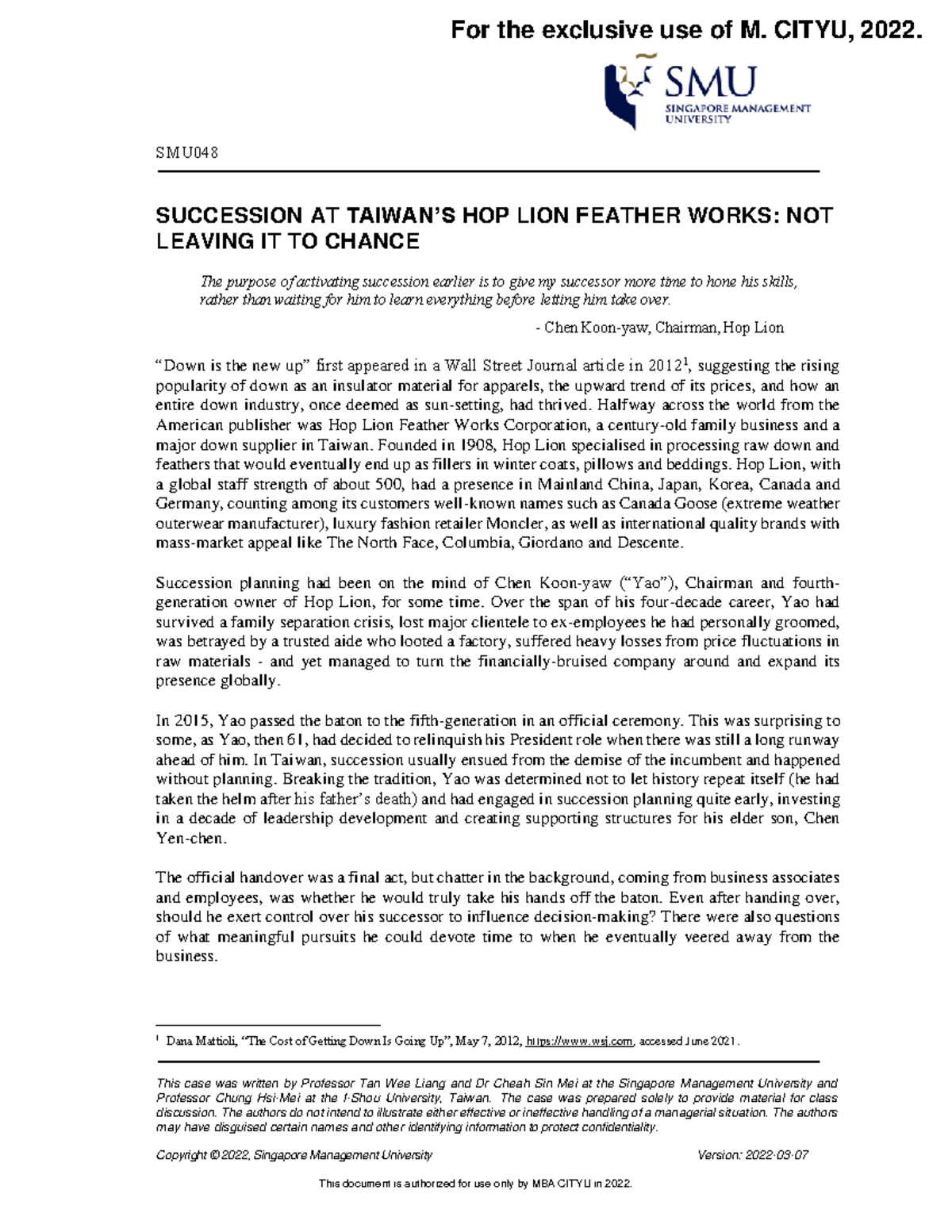 Hop Lion Feather Works Case - SMU This case was written by Professor ...