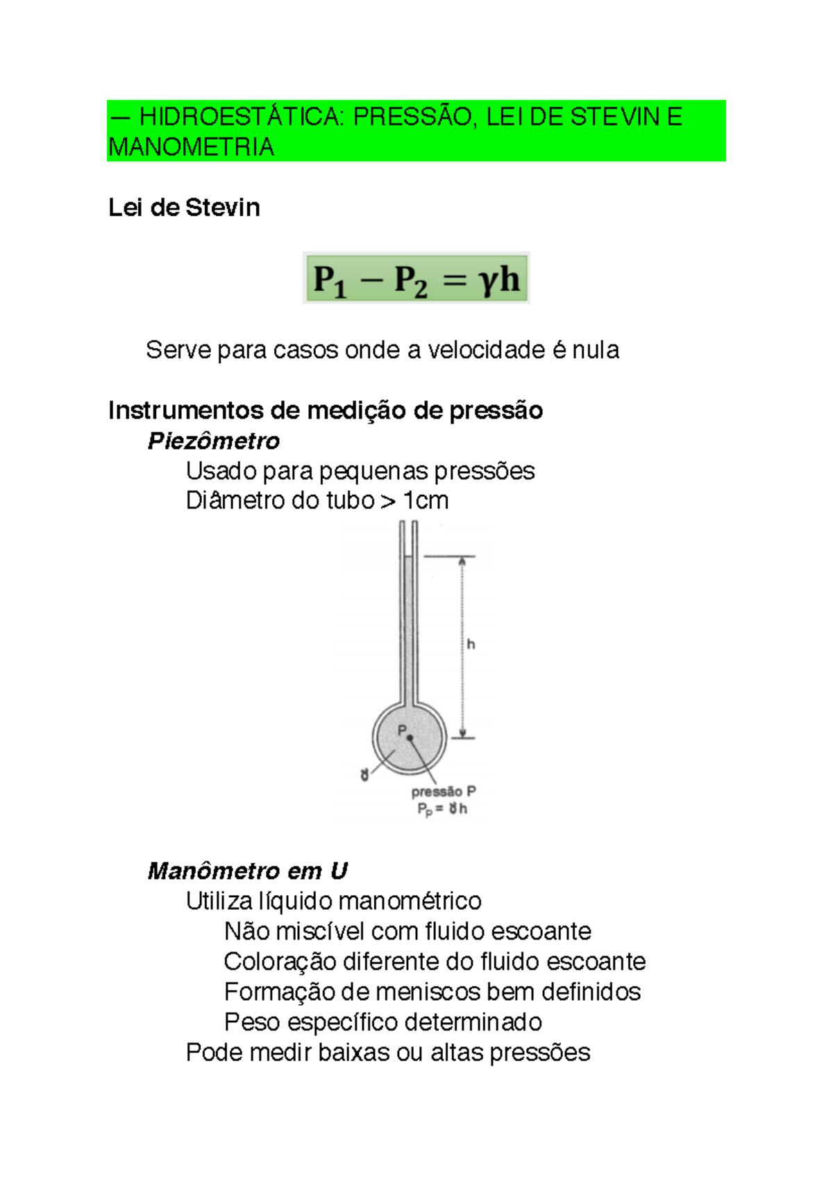 Resumo ENG340 Prova 1 - LEI DE STEVIN E MANOMETRIA Lei de Stevin Serve ...