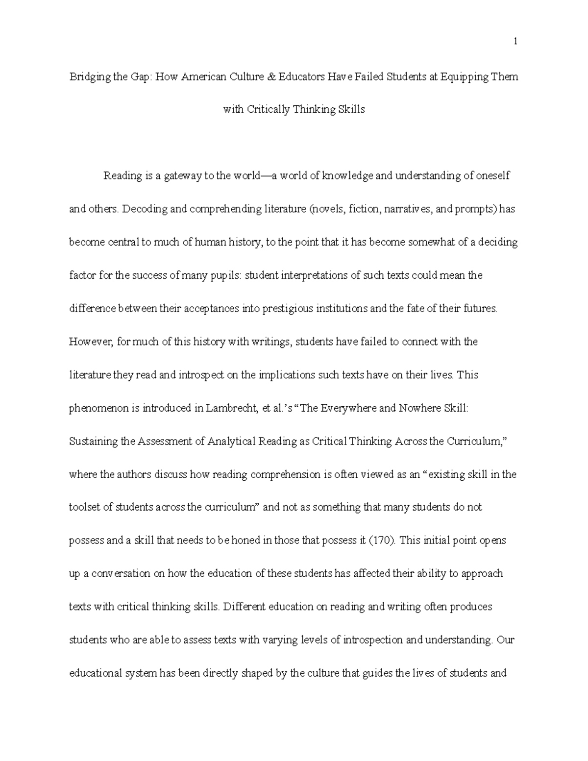 Critical Synthesis Essay - Bridging the Gap: How American Culture ...