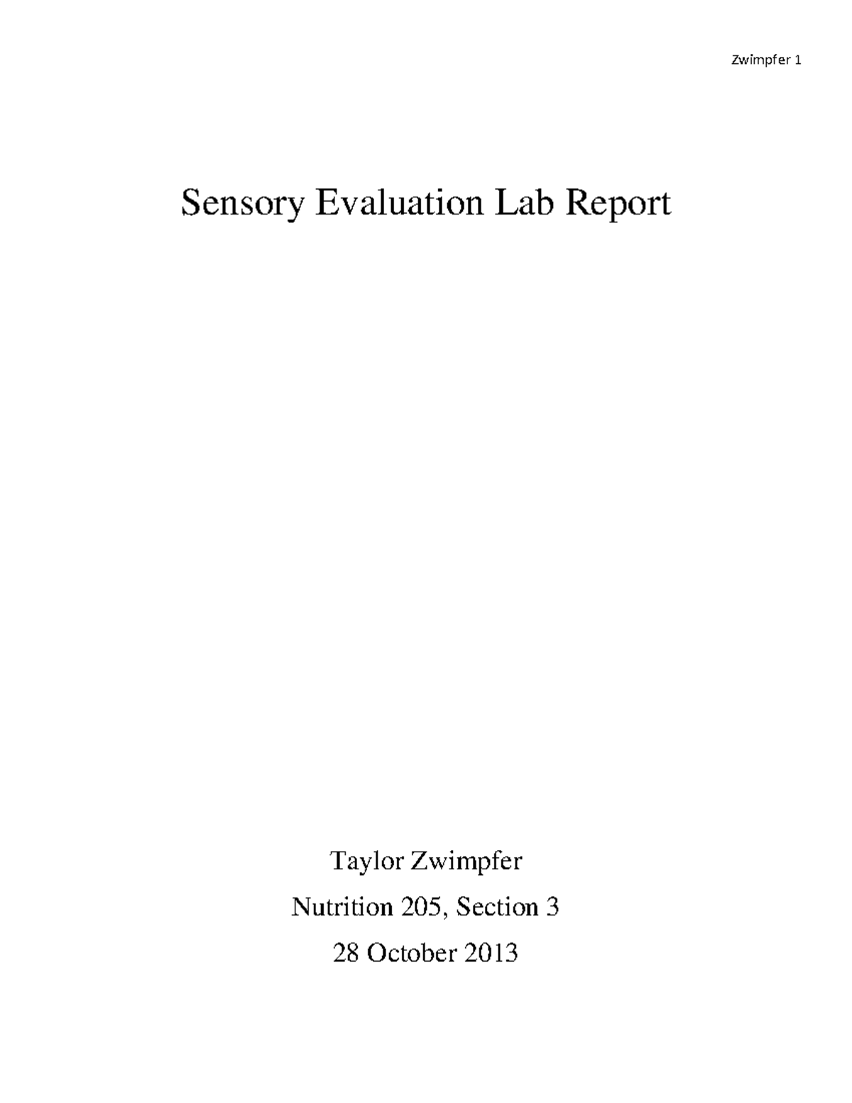 Example LAB Report Sensory LAB 1 - Sensory Evaluation Lab Report Taylor ...