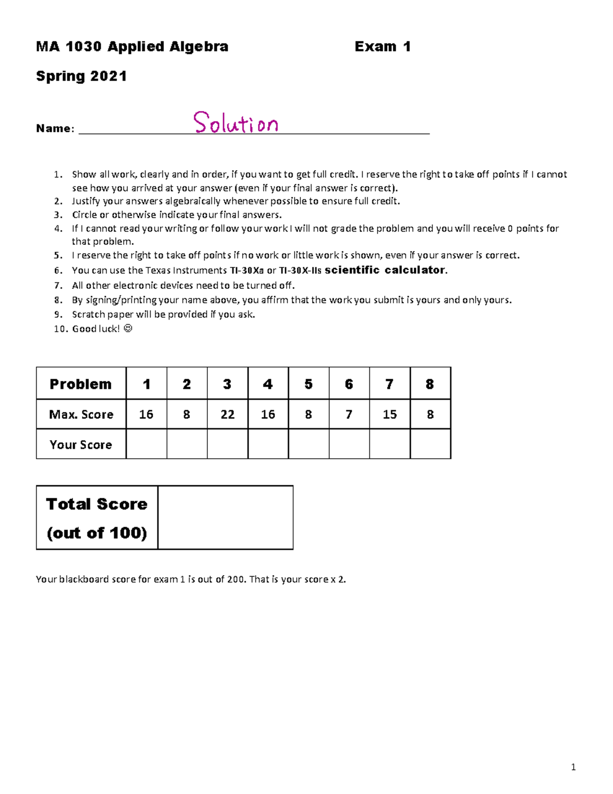 MA 1030 practice exam 1 - sol - MA 1030 Applied Algebra Exam 1 Spring ...