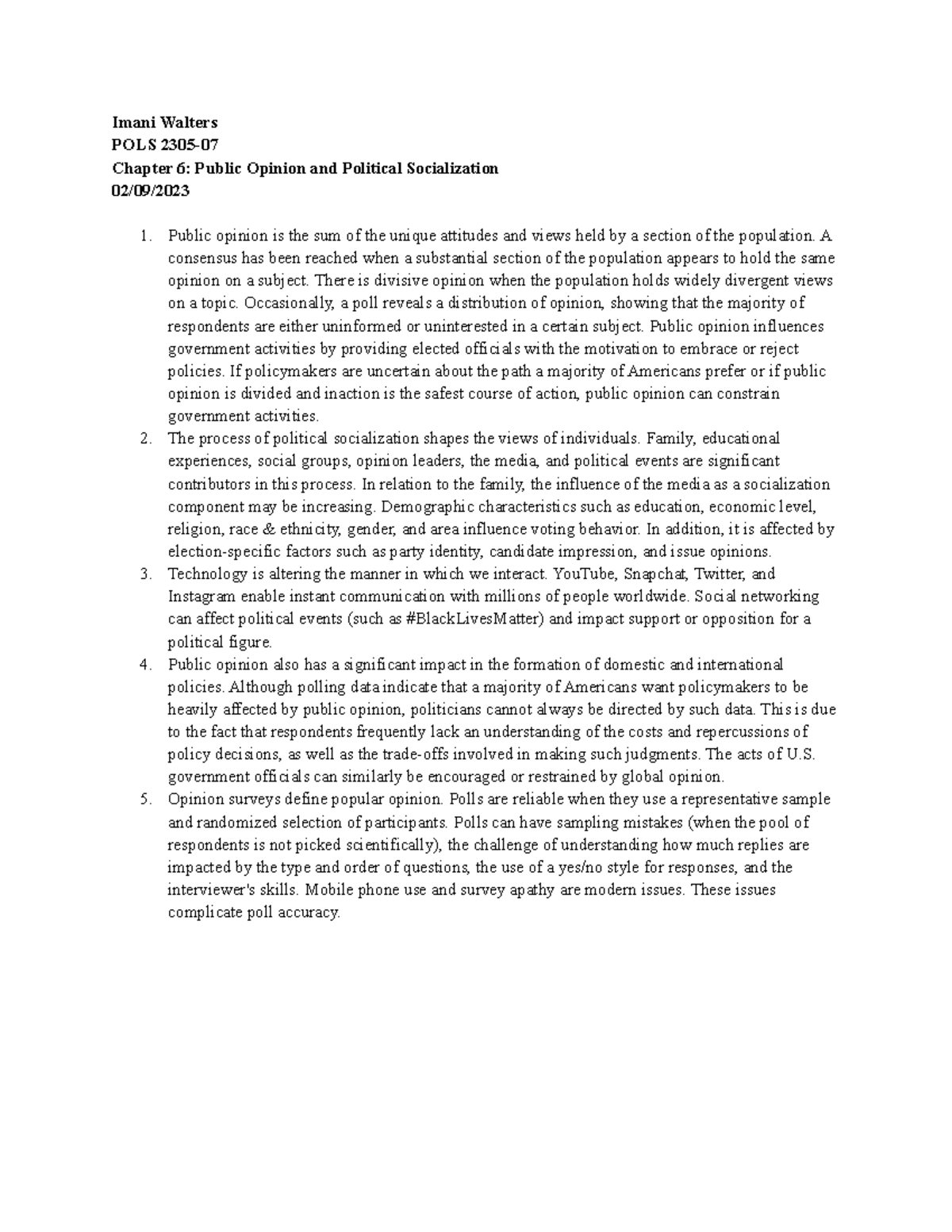 Chapter summary CH 6 - Imani Walters POLS 2305- Chapter 6: Public ...