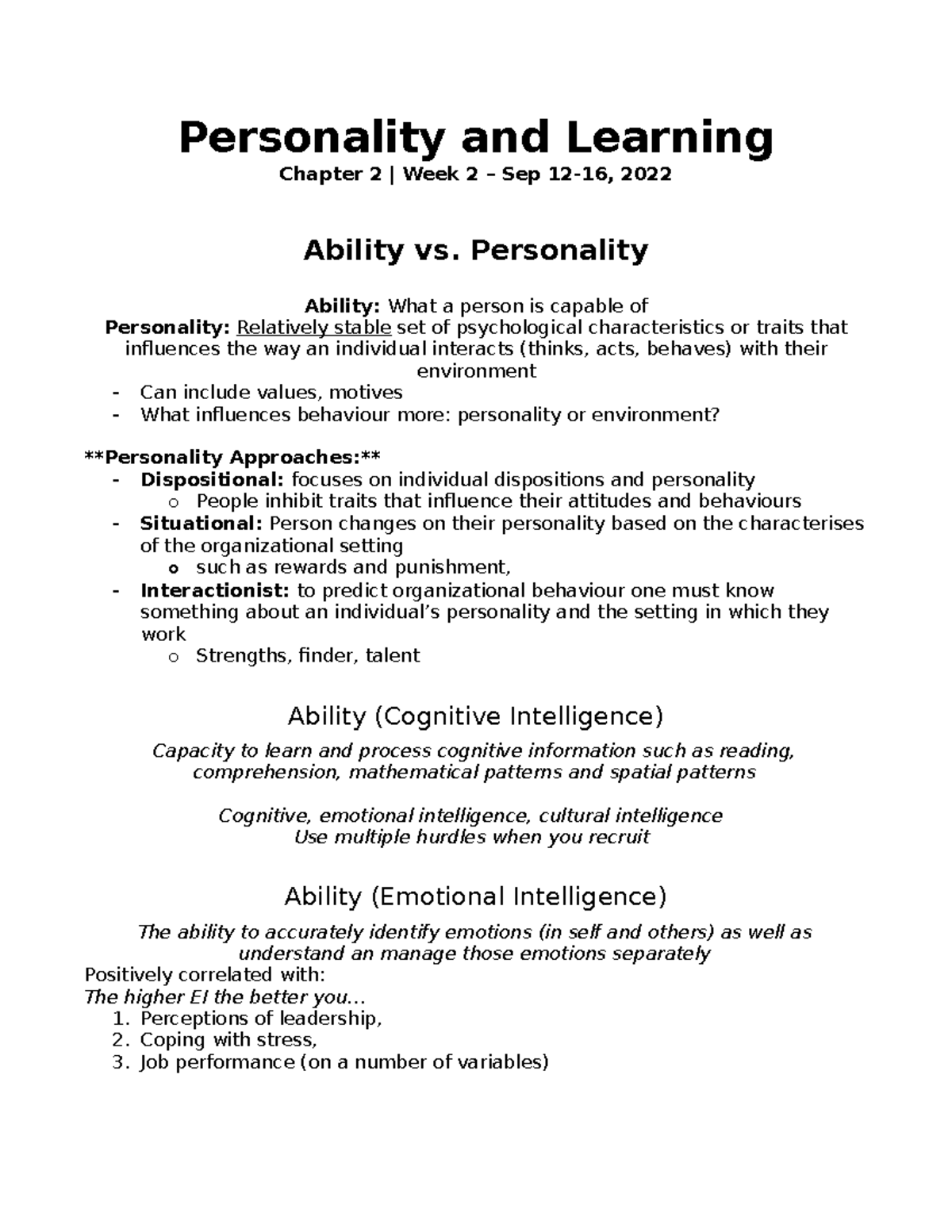 Chapter 2 Organizational Behaviour Notes - Personality and Learning ...