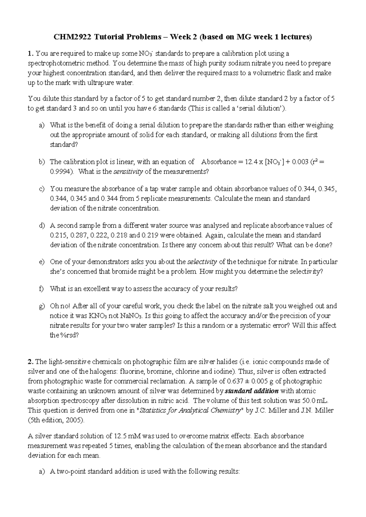 CHM2922 Tutorial Problems Week 2 2021 - CHM2922 Tutorial Problems – Week 2 (based on MG week 1 ...