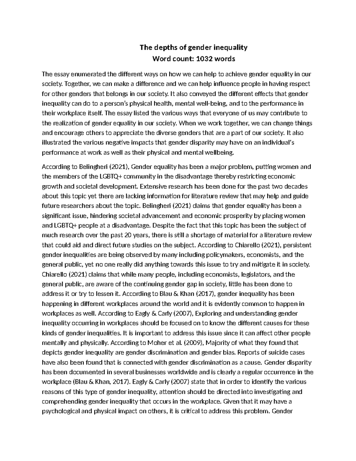 Advocacy Paper - The depths of gender inequality Word count: 1032 words ...