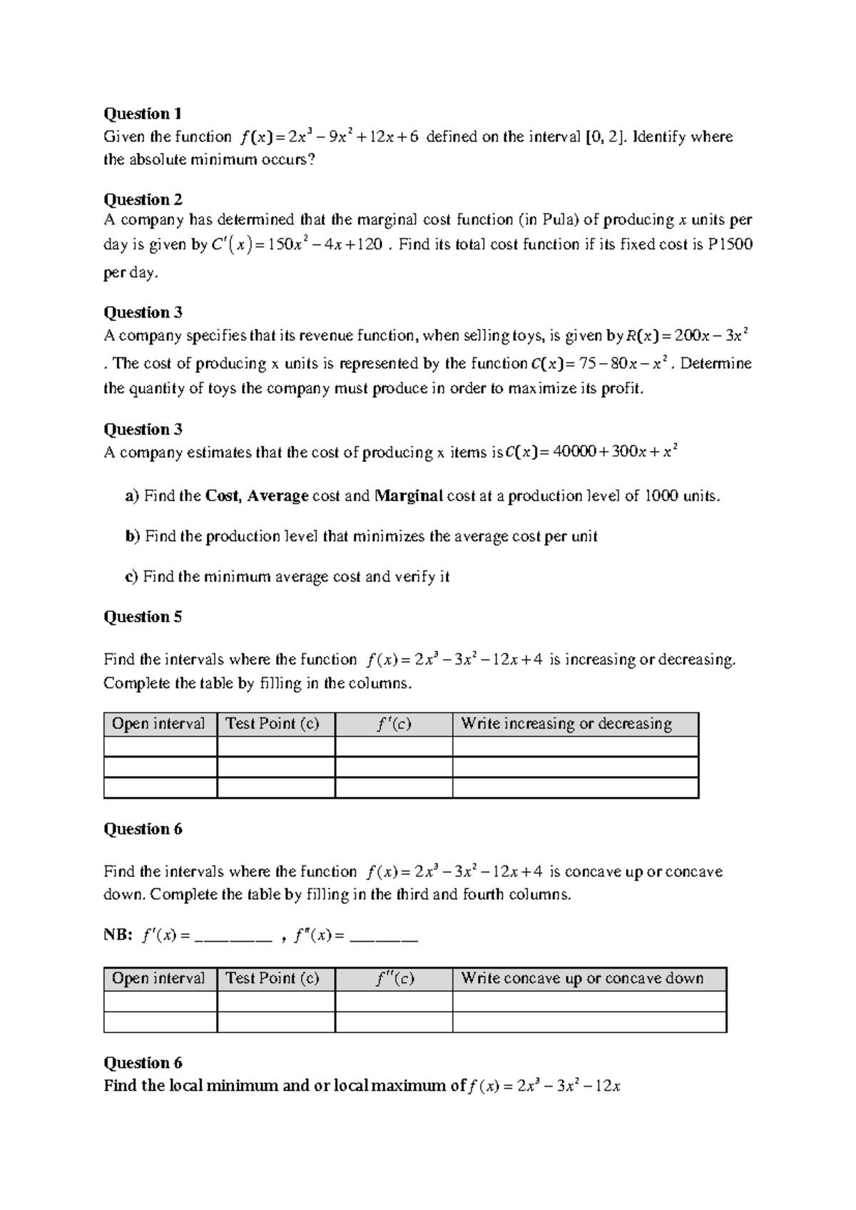 STA 102 Practice Questions 2024 - Question 1 Given the function 3 2 f x( ) 2 x 9 x 12 x 6 - Studocu