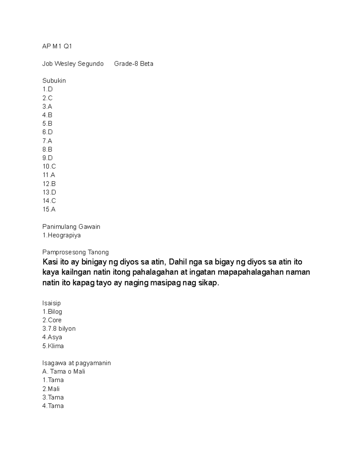 AP M1 Q1 - bakal - AP M1 Q Job Wesley Segundo Grade-8 Beta Subukin 1 2 3 4 5 6 7 8 9 10 11 12 13 ...