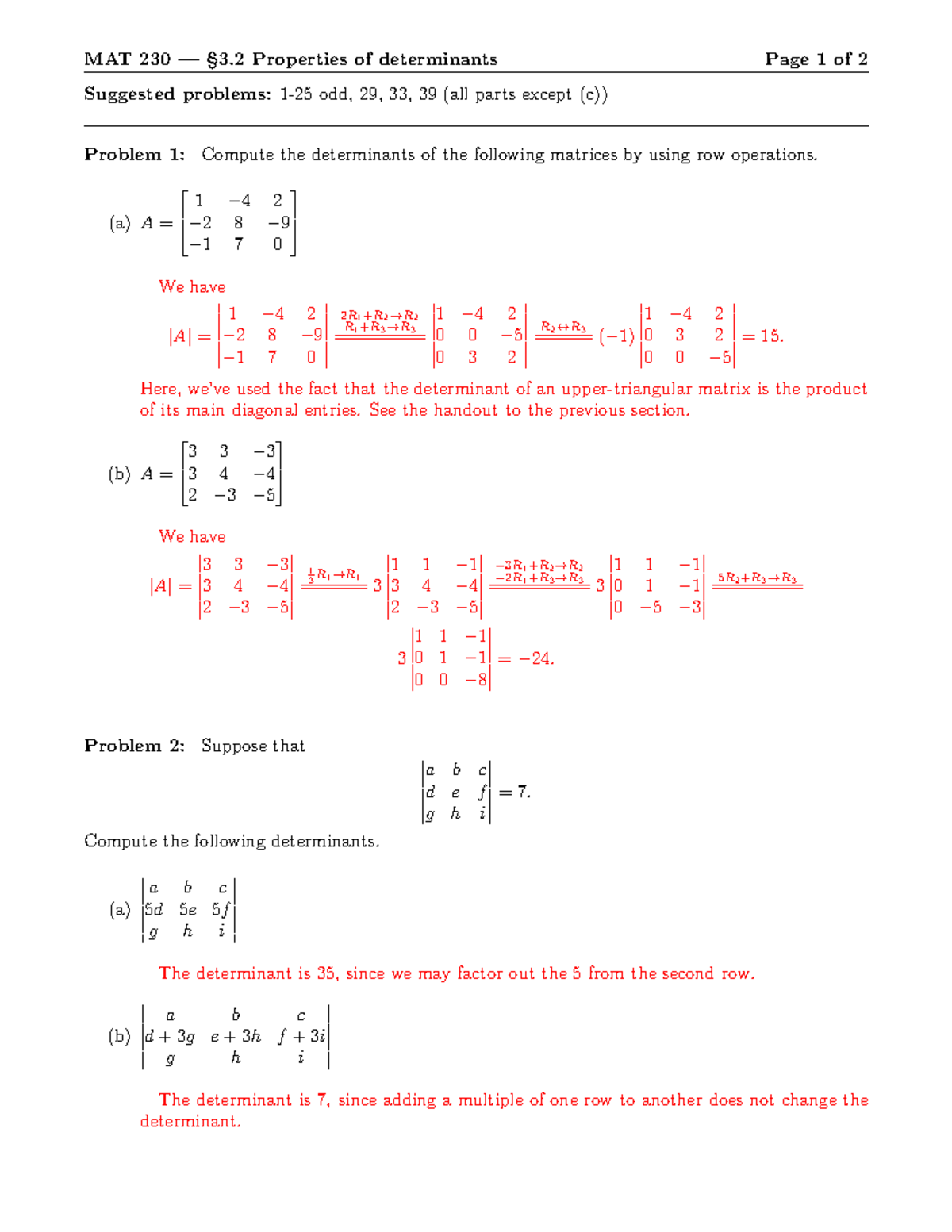 11-02 3.2 Properties of determinants, Solutions - MAT 230 — §3 Properties of determinants Page 1 ...
