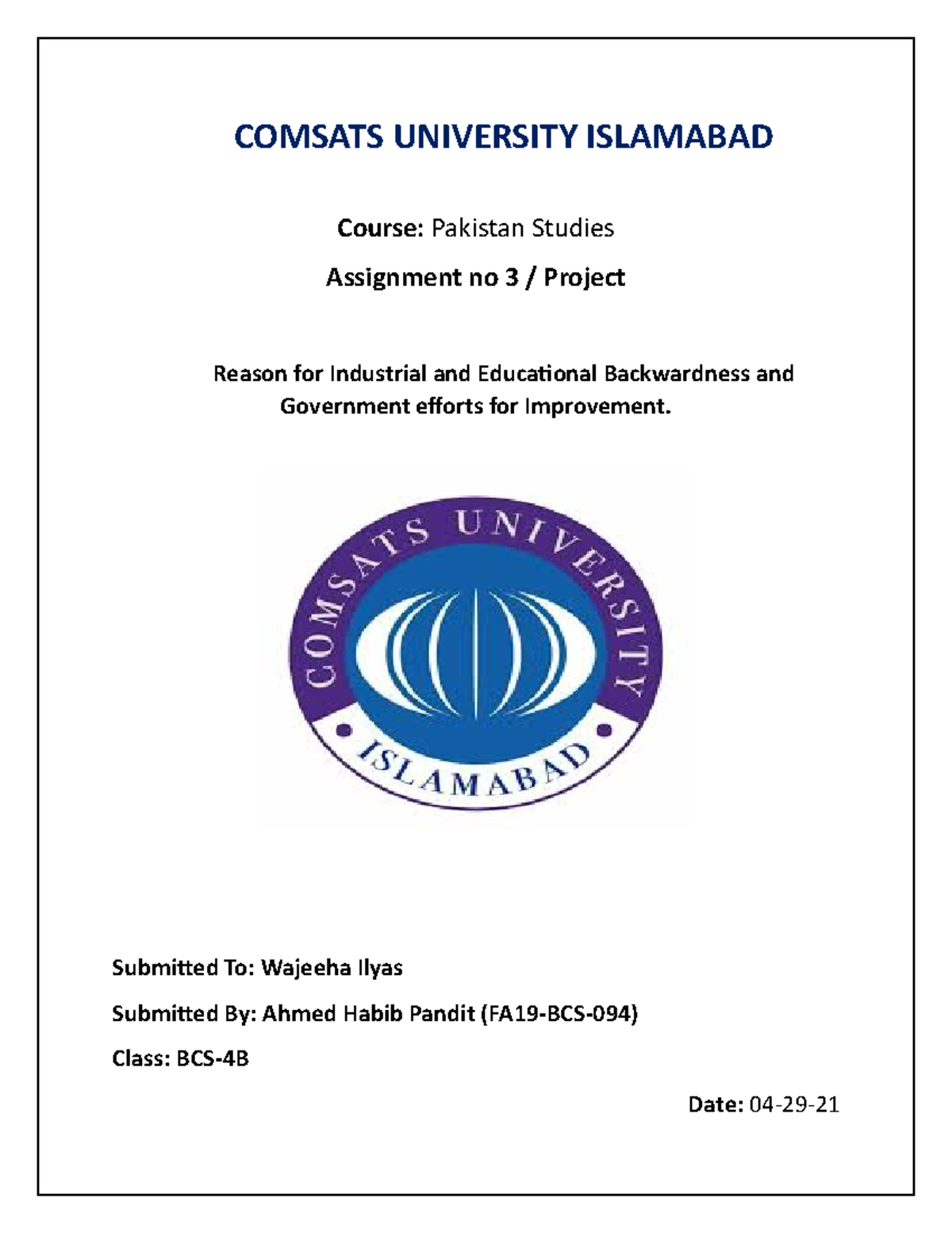 Assignment 3 - Pakistan Studies - CUI - Studocu