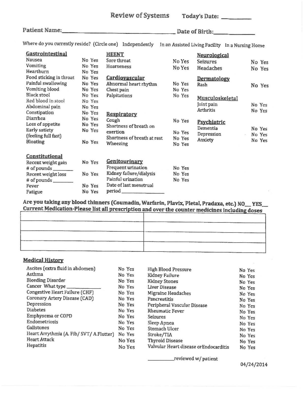 ROS Checklist - Clevland Clinic - Review of Systems Date: Patient Name ...